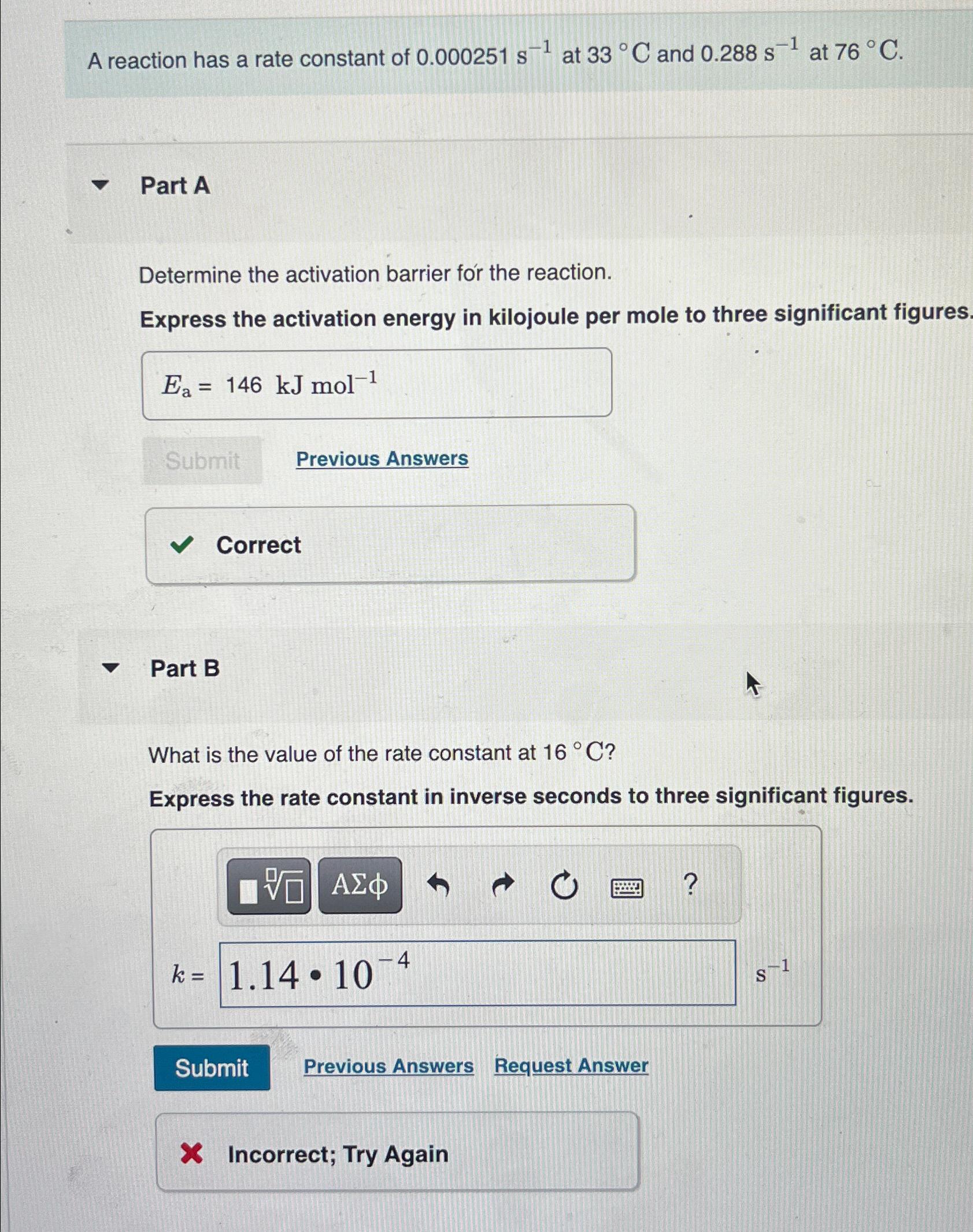 Solved A reaction has a rate constant of 0.000251s-1 ﻿at | Chegg.com