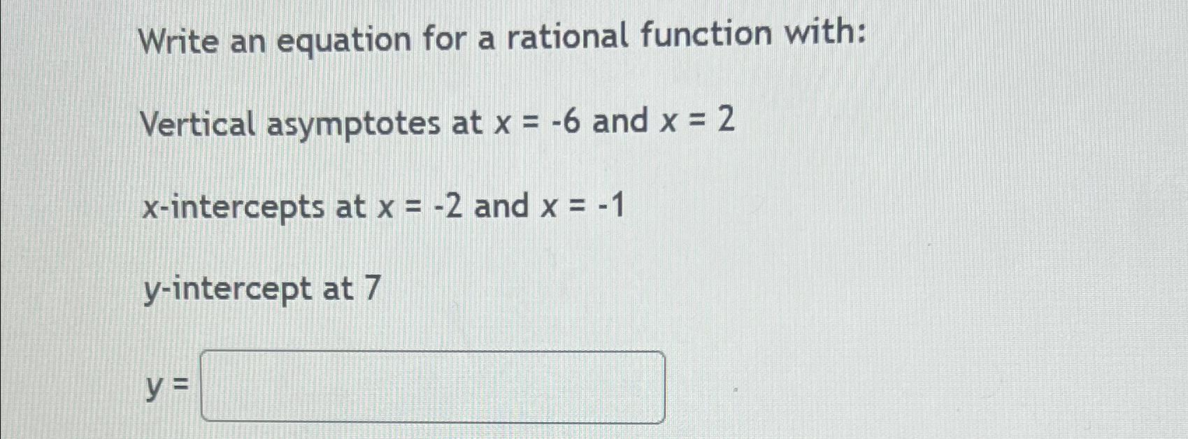 Solved Write an equation for a rational function | Chegg.com