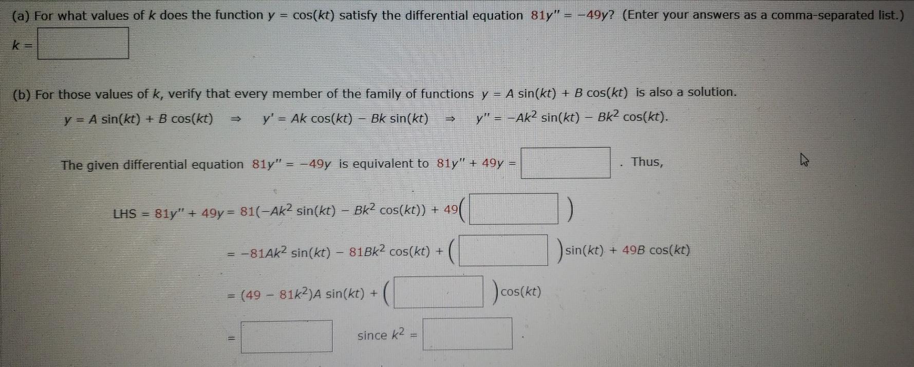 Solved A For What Values Of K Does The Function Y Cos Kt