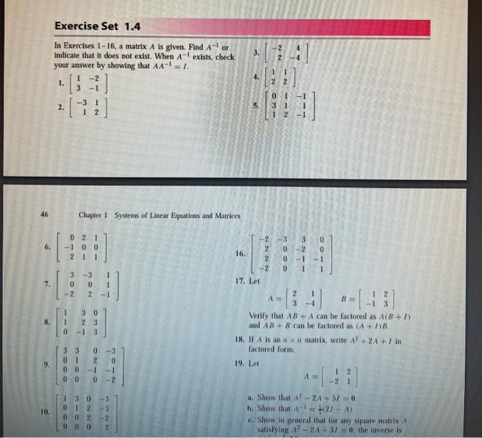 Solved In Exercises 1-16, a matrix A is given. Find A−1 or | Chegg.com