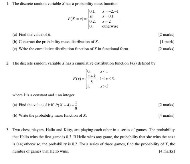 Solved 1. The discrete random variable X has a probability | Chegg.com