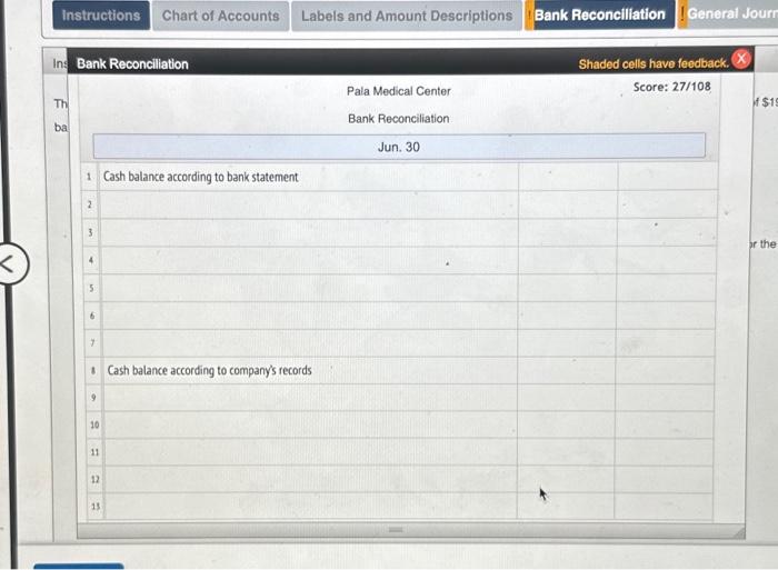 Solved The cast account for Pala Medical Center at June 30, | Chegg.com