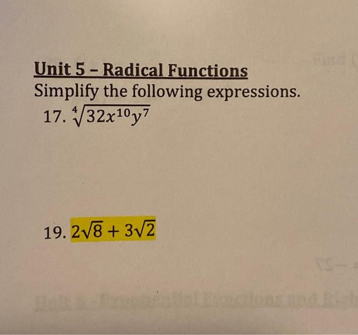 Solved Unit 5 - Radical Functions Simplify the following | Chegg.com
