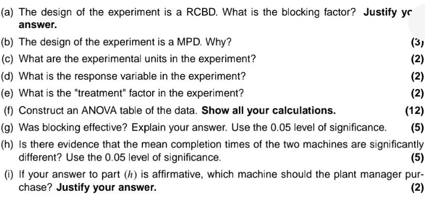 Solved (a) The design of the experiment is a RCBD. What is | Chegg.com