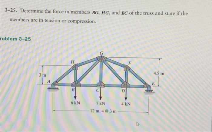 Solved 3–25. Determine the force in members BG, HG, and BC | Chegg.com