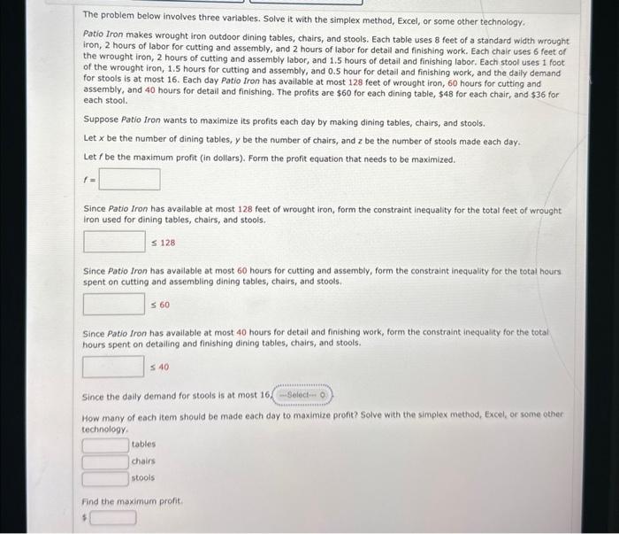 Solved The problem below involves three variables. Solve it | Chegg.com