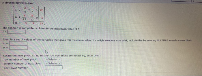 Solved A simplex matrix is given 01121 0 0 3 4 1 The | Chegg.com