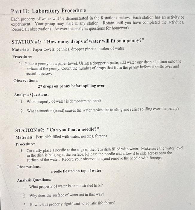 Solved Part II: Laboratory Procedure Each property of water | Chegg.com