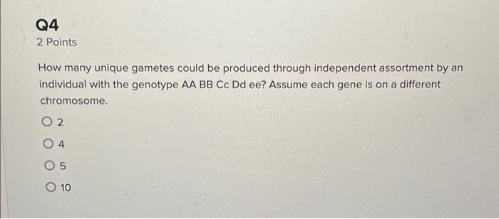 Solved Q4 2 Points How many unique gametes could be produced | Chegg.com