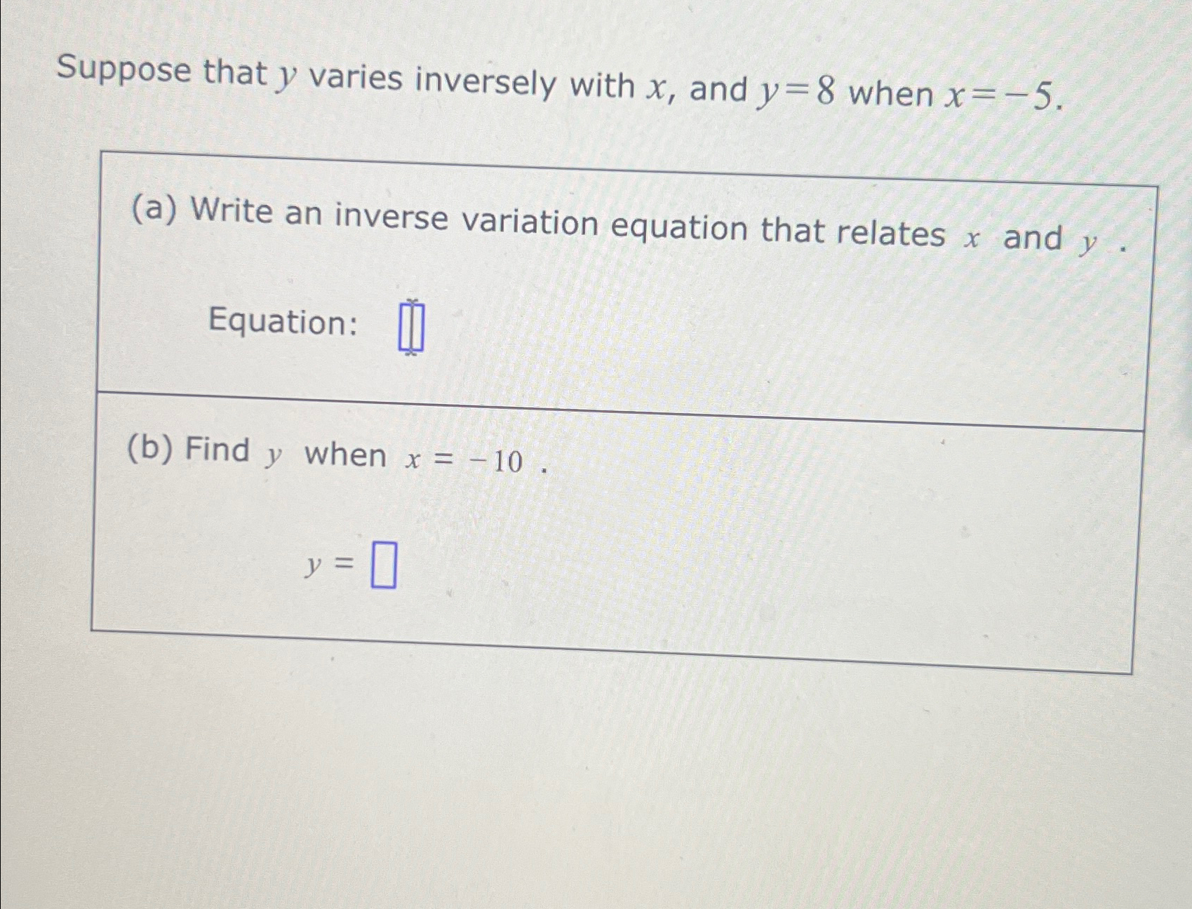 Solved Suppose that y ﻿varies inversely with x, ﻿and y=8 | Chegg.com