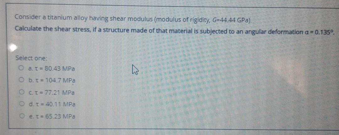 Solved Consider a titanium alloy having shear modulus | Chegg.com
