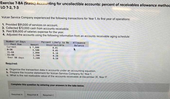 Solved Exercise 7-8A (Static) Accounting for uncollectible | Chegg.com