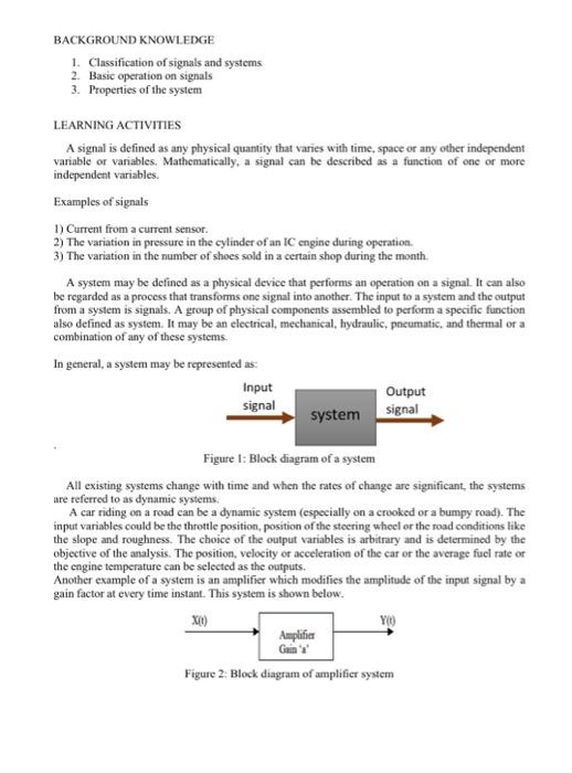 Solved BACKGROUND KNOWLEDGE 1. Classification of signals and | Chegg.com