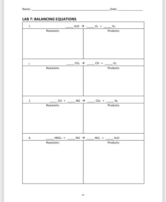 Solved Name: Date: LAB 7: BALANCING EQUATIONS 51 | Chegg.com