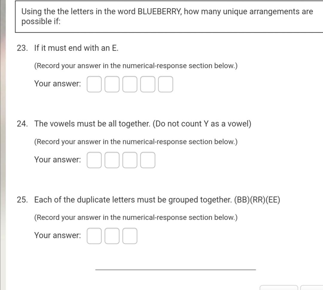 Solved Using the the letters in the word BLUEBERRY, how many | Chegg.com