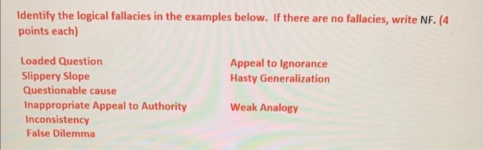 Solved Identify the logical fallacies in the examples below. | Chegg.com