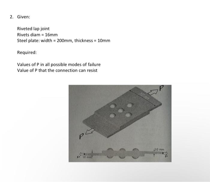 Solved Given: Riveted lap joint Rivets diam =16 mm Steel | Chegg.com
