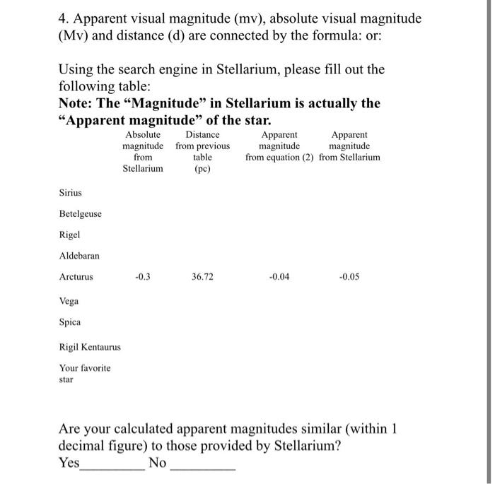 Solved 4. Apparent visual magnitude (mv), absolute visual | Chegg.com