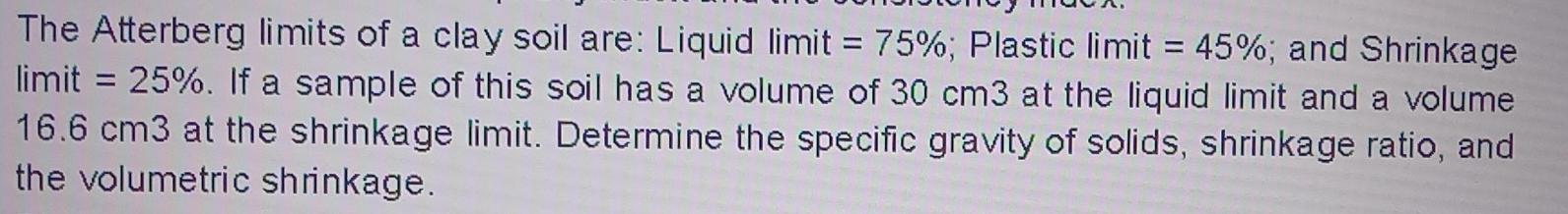 Solved The Atterberg limits of a clay soil are: Liquid limit | Chegg.com