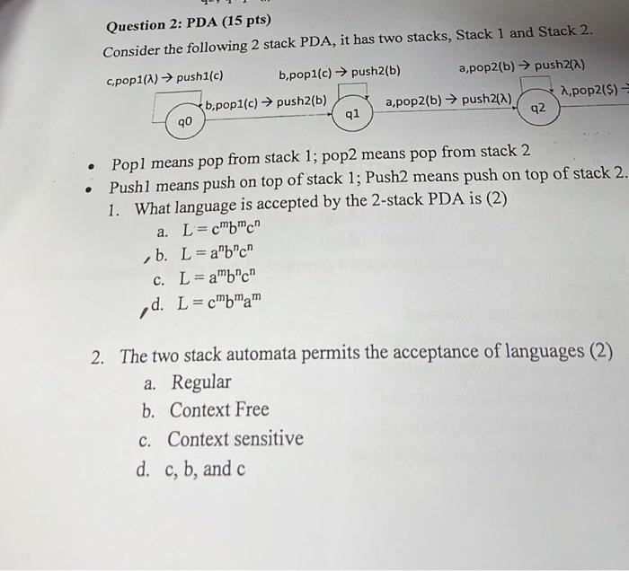 Solved Question 2: PDA (15 pts) Consider the following 2 | Chegg.com