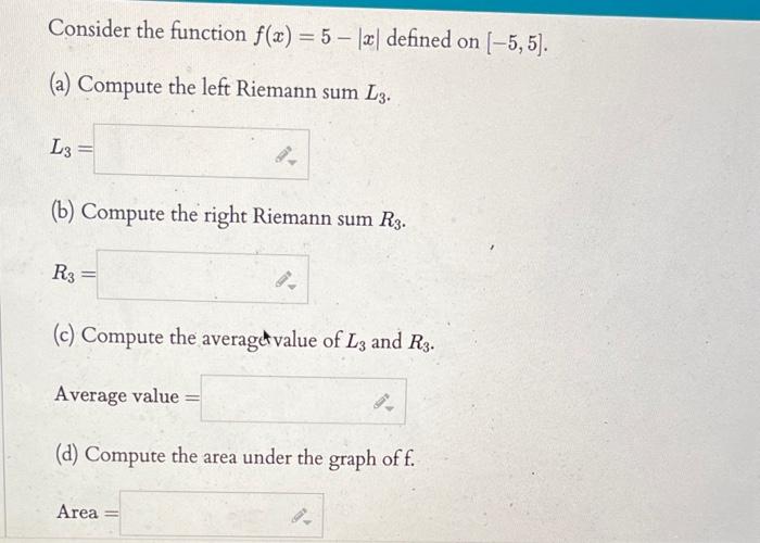 Solved Consider the function f(x)=5−∣x∣ defined on [−5,5]. | Chegg.com