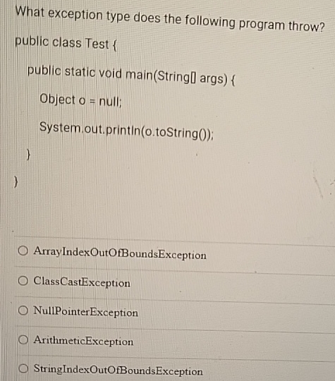 Solved What exception type does the following program | Chegg.com