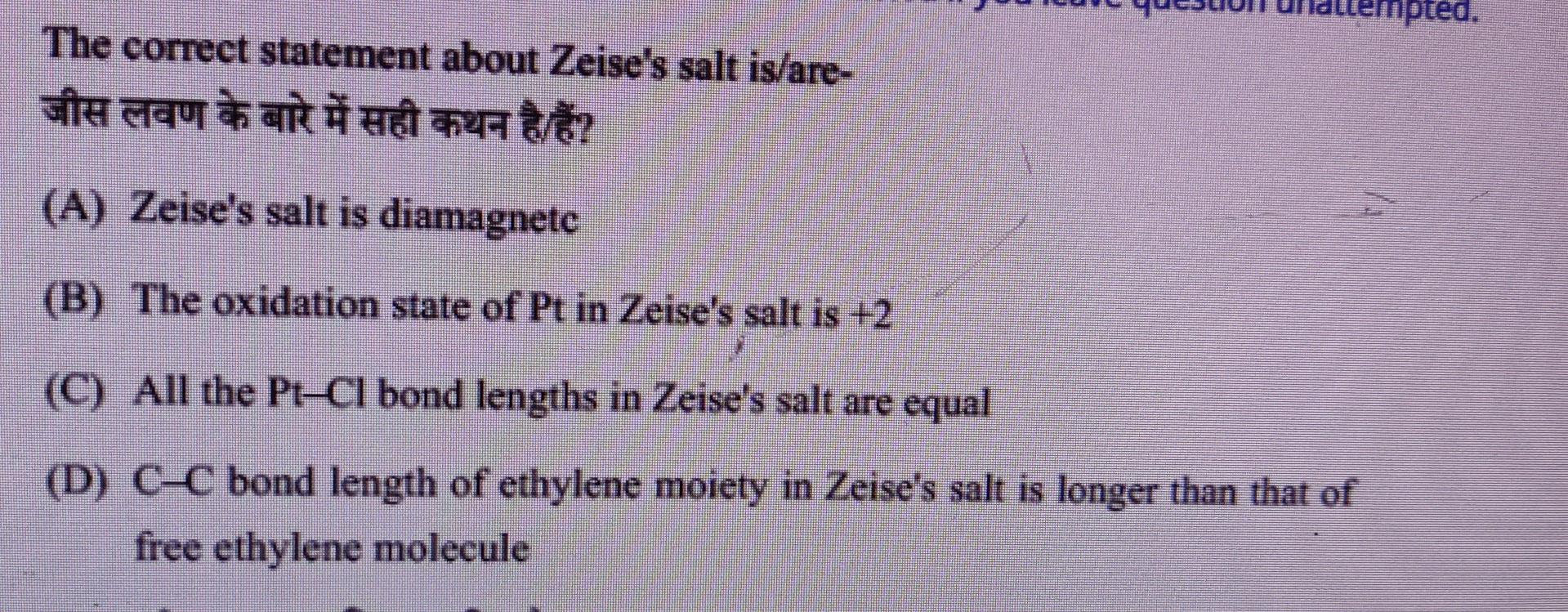 Solved mpted. The correct statement about Zeise's salt | Chegg.com