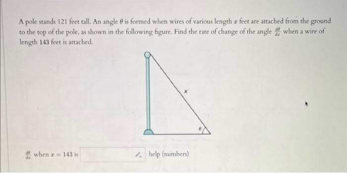 Solved A pole stands 121 feet tall. An angle θ is formed | Chegg.com