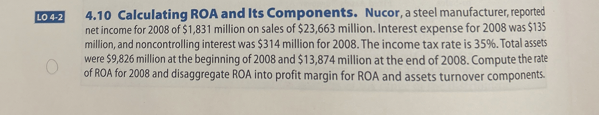 Solved L0 4-2 4.10 ﻿Calculating ROA and Its Components. | Chegg.com