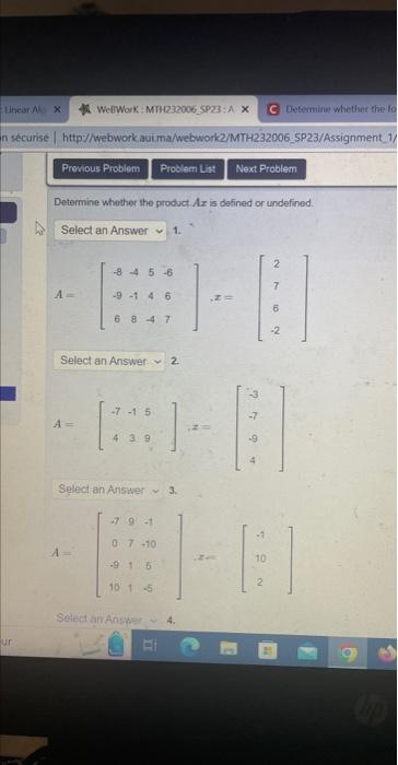 Solved Determine whether the product A ar is defined or | Chegg.com