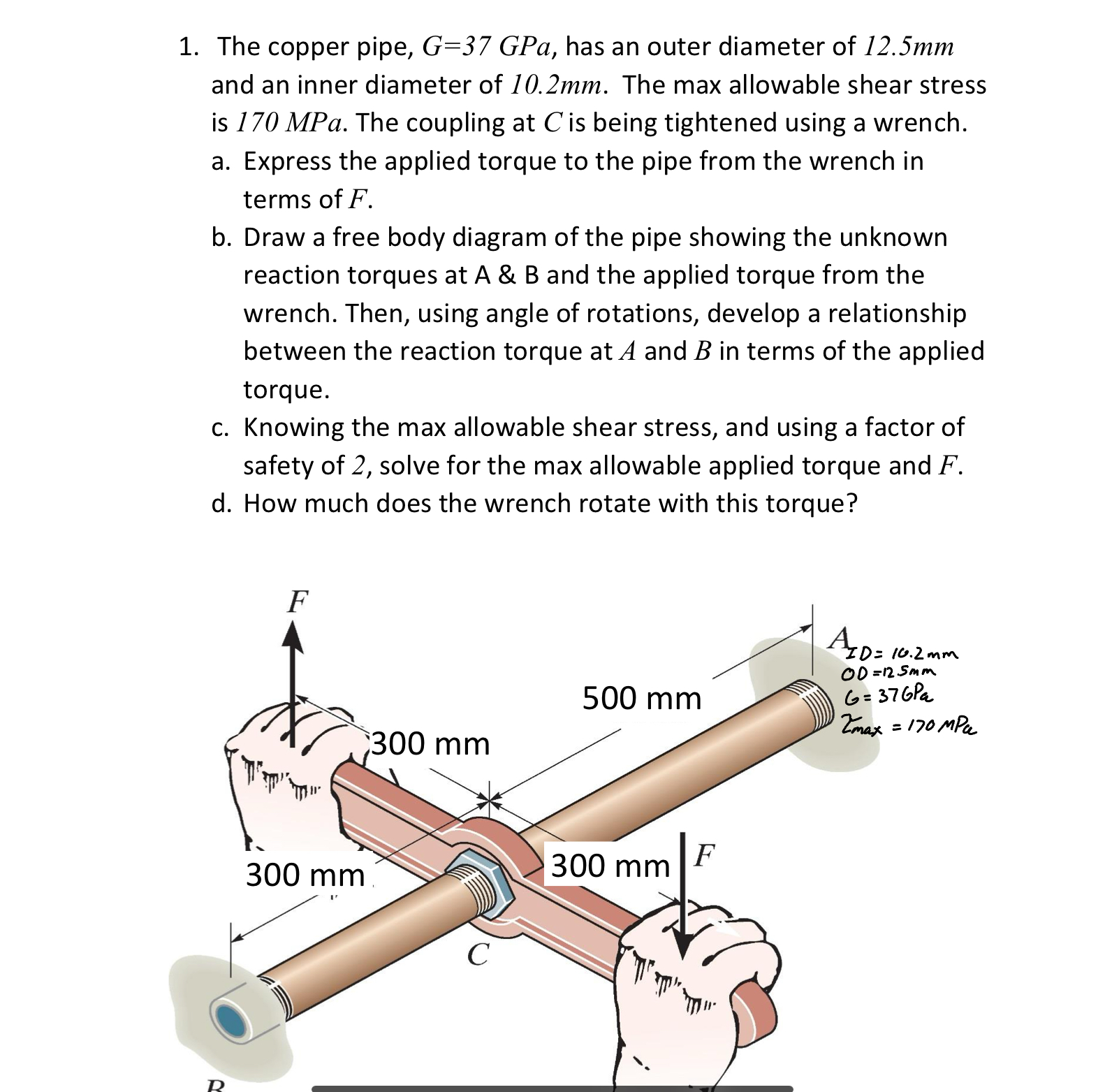 Solved The copper pipe, G=37GPa, has an outer diameter of | Chegg.com