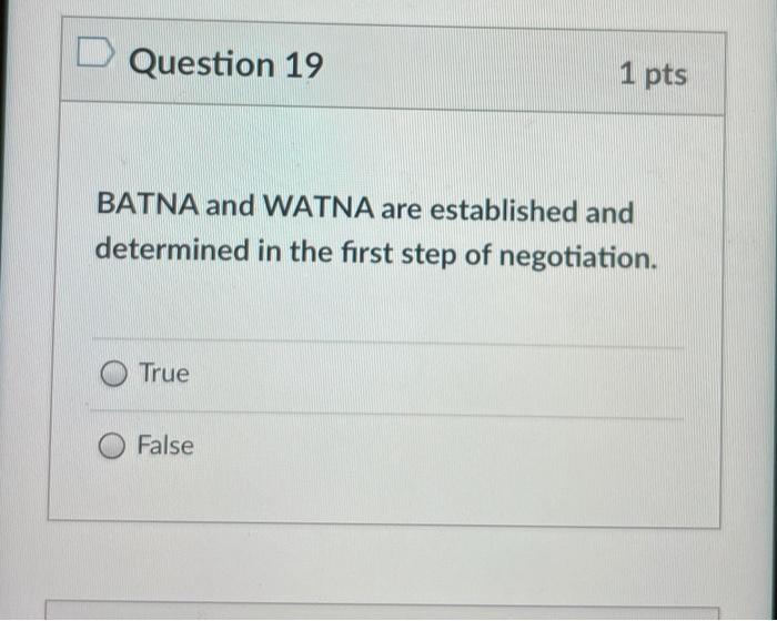 Solved Question 19 1 pts BATNA and WATNA are established and | Chegg.com