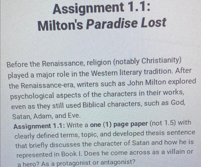 Assignment 1.1: Milton's Paradise Lost Before the | Chegg.com