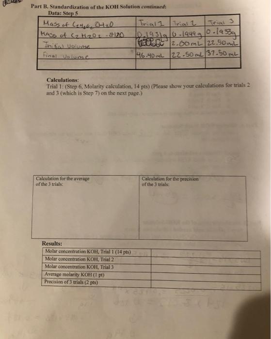 Solved Part B. Standardization of the КОН Solution | Chegg.com