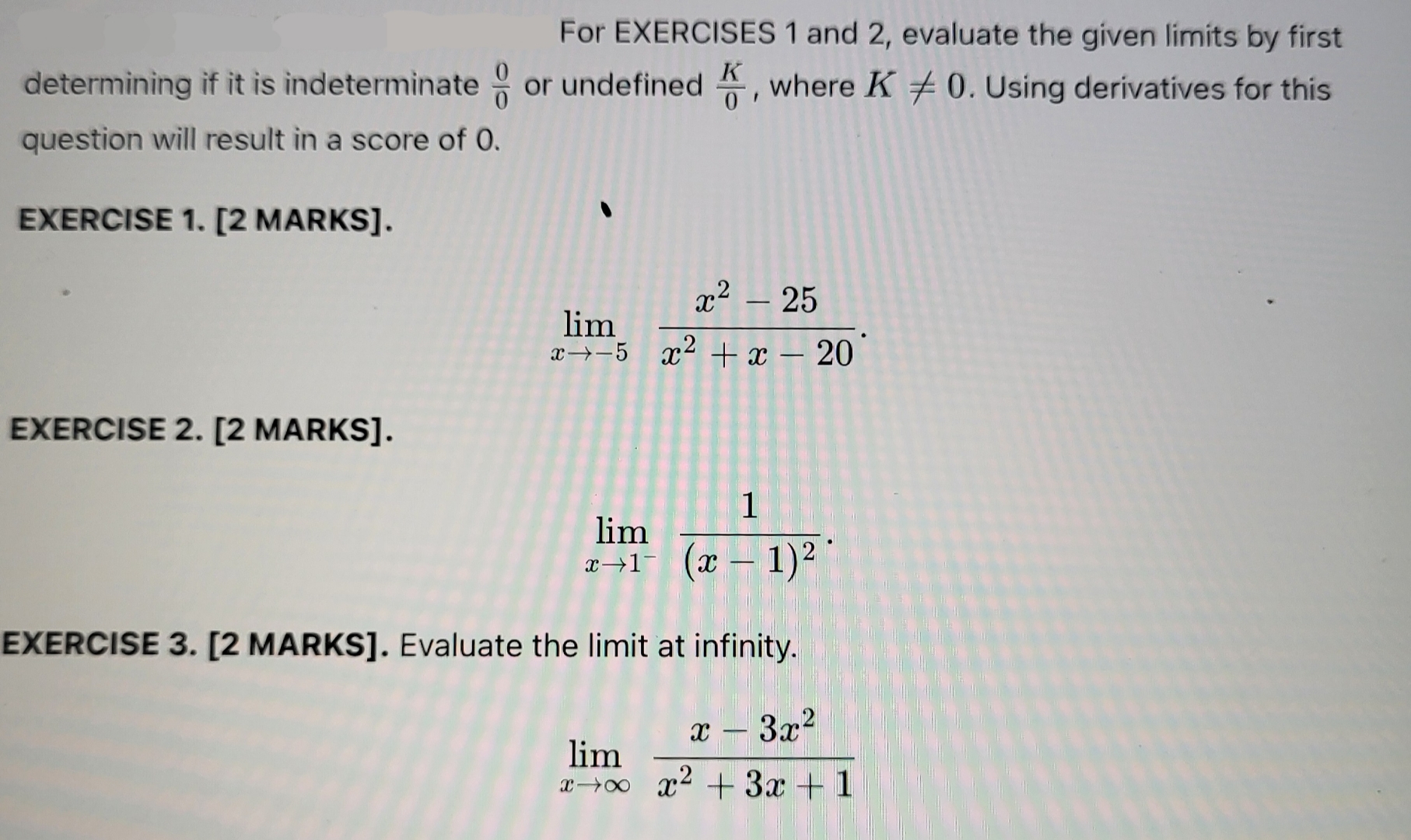 Solved For EXERCISES 1 ﻿and 2, ﻿evaluate the given limits by | Chegg.com