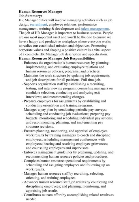 Solved Human Resources Manager Job Summary: HR Manager | Chegg.com