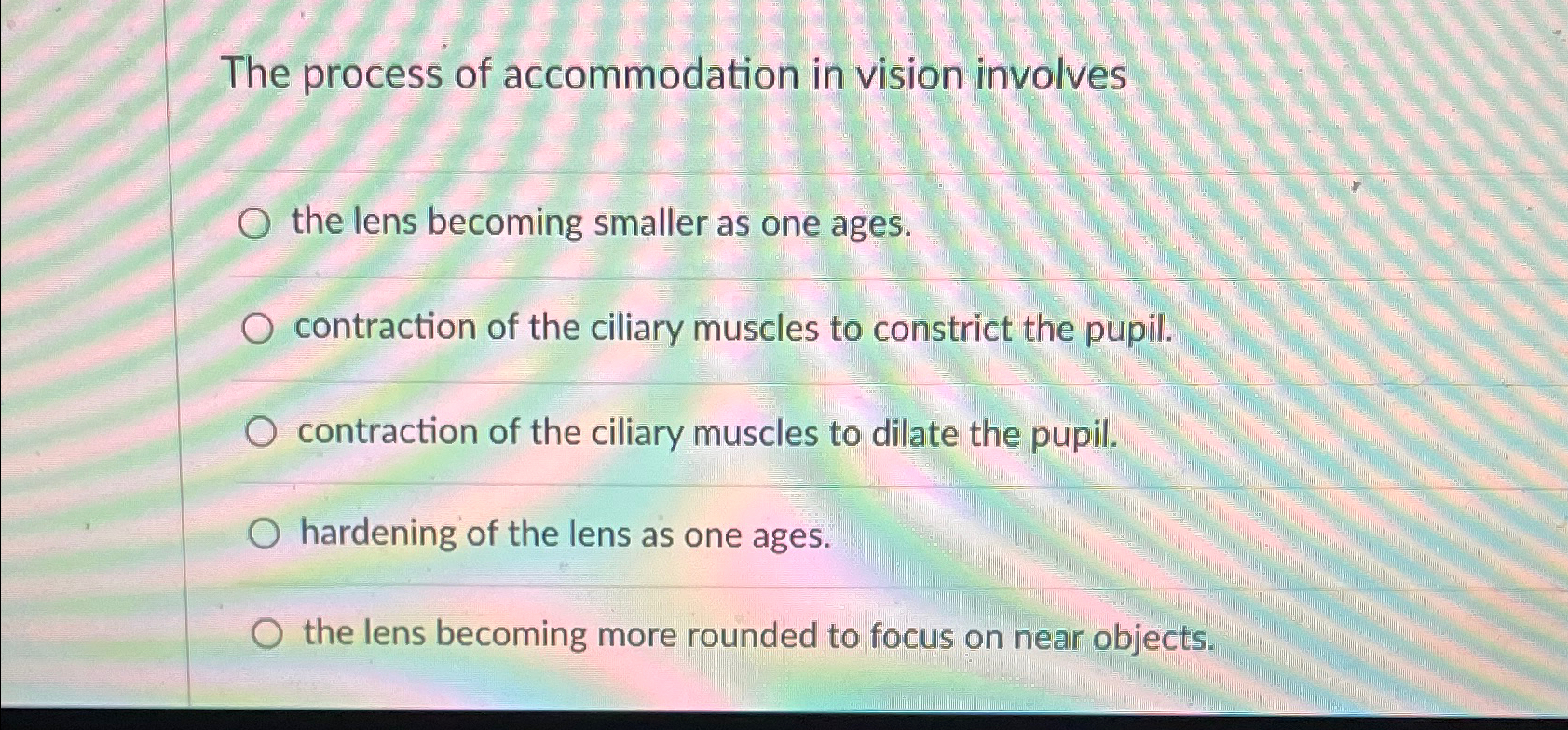 Solved The process of accommodation in vision involvesthe | Chegg.com