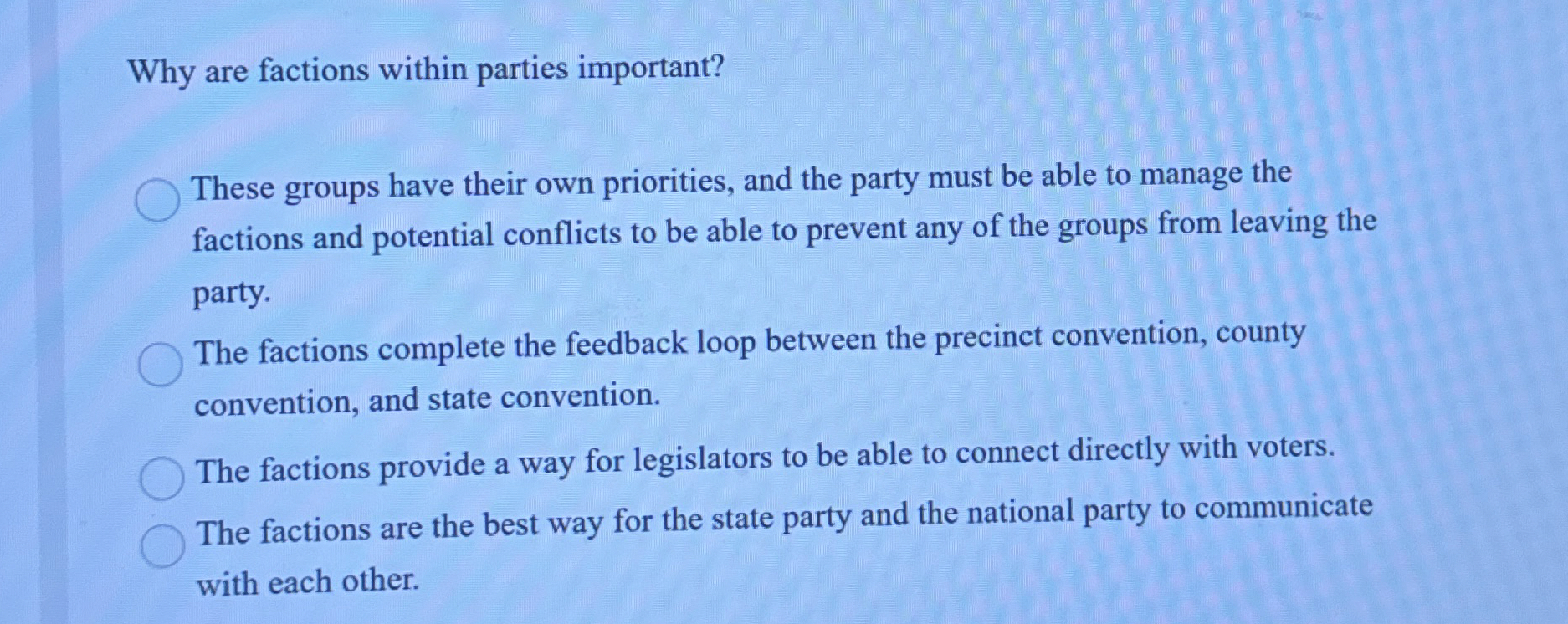 Solved Why are factions within parties important?These | Chegg.com