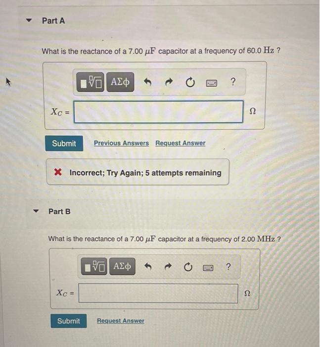 Solved What is the reactance of a 7.00μF capacitor at a | Chegg.com