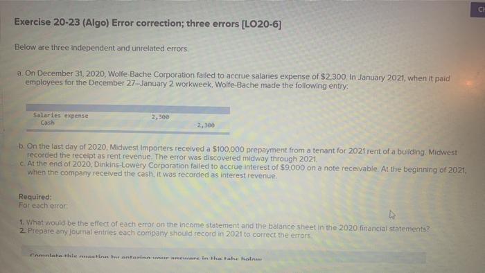 Solved ch Exercise 20-23 (Algo) Error correction; three | Chegg.com