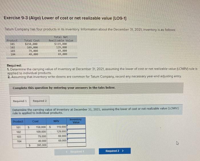 Solved Exercise 9-3 (Algo) Lower of cost or net realizable | Chegg.com