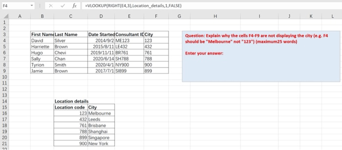Solved F4 بل VLOOKUP(RIGHT(E4,3), Location_details,1,FALSE) | Chegg.com