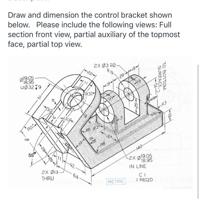 Solved Draw and dimension the control bracket shown below. | Chegg.com