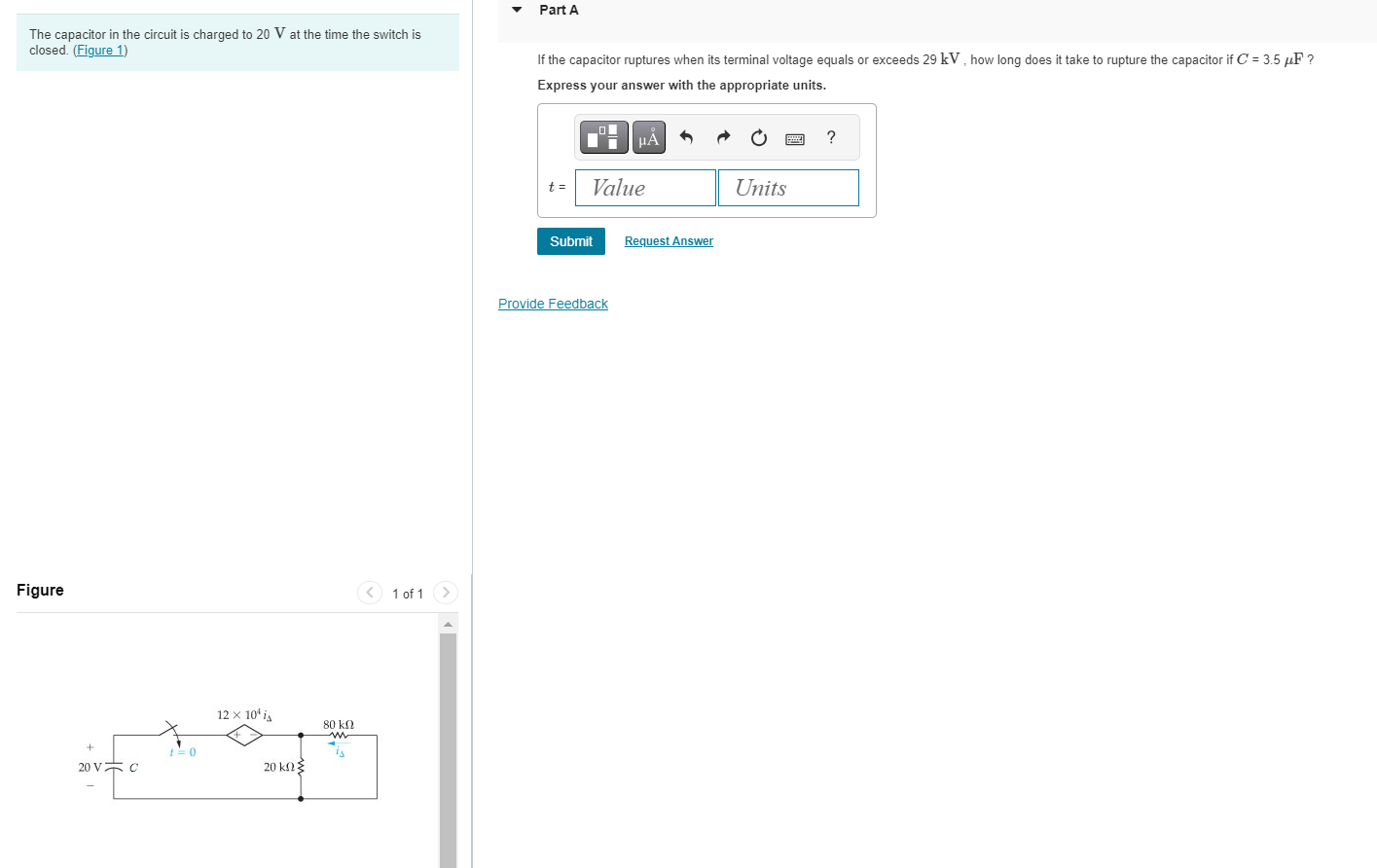 Solved The capacitor in the circuit is charged to 20V ﻿at | Chegg.com