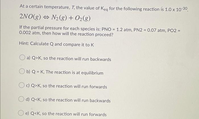 Solved At a certain temperature, T, the value of Keq for the | Chegg.com