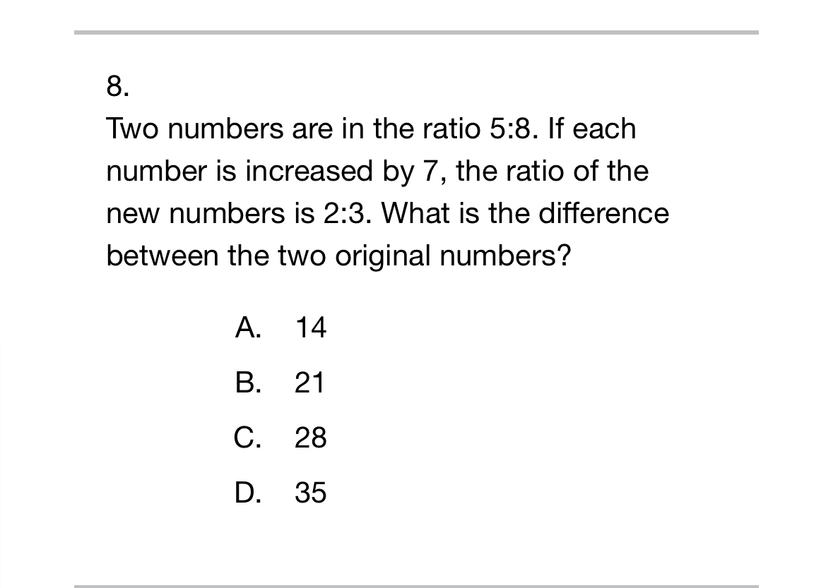 Solved Two numbers are in the ratio 5:8. ﻿If each number is | Chegg.com