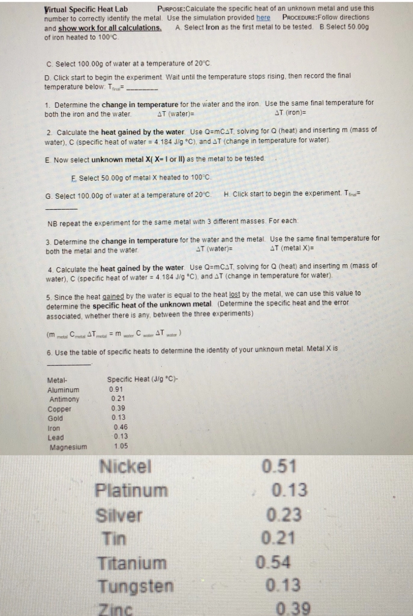Solved Virtual Specific Heat LabPurpose:Calculate the | Chegg.com