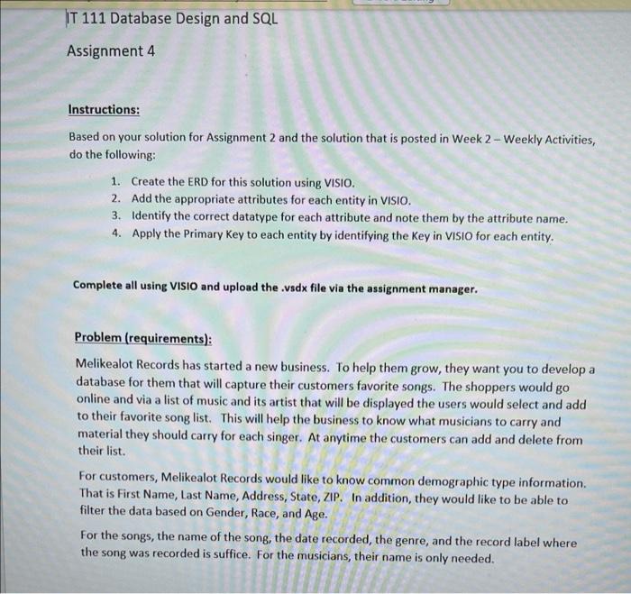 Solved IT 111 Database Design and SQL Assignment 4 | Chegg.com