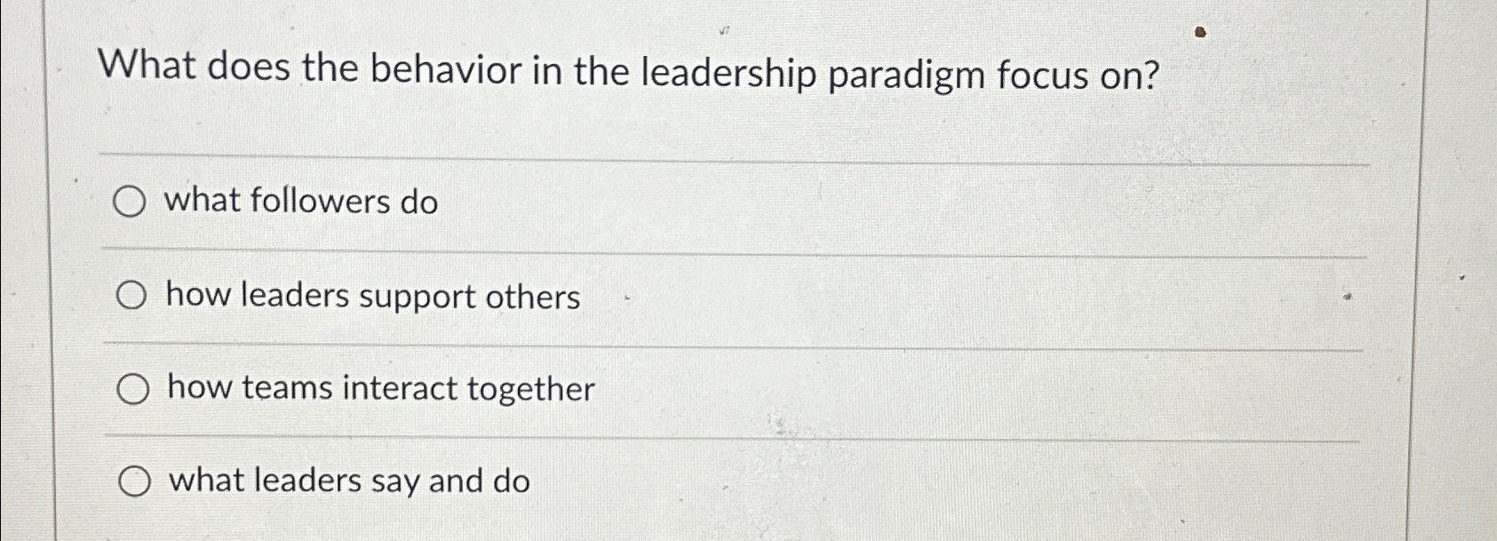 Solved What does the behavior in the leadership paradigm | Chegg.com