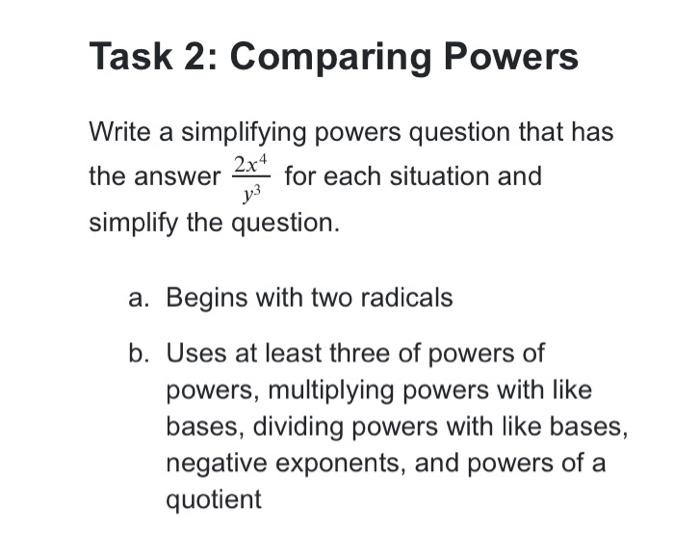 Solved Task 2: Comparing Powers Write a simplifying powers | Chegg.com